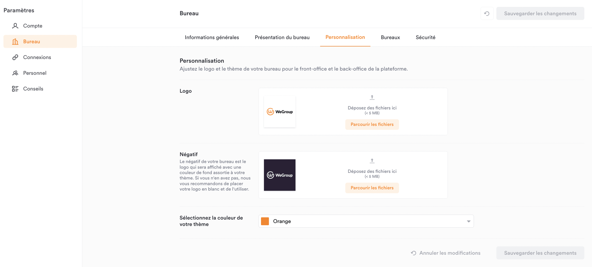 Personnalisation du logo, du thème et des textes d'introduction